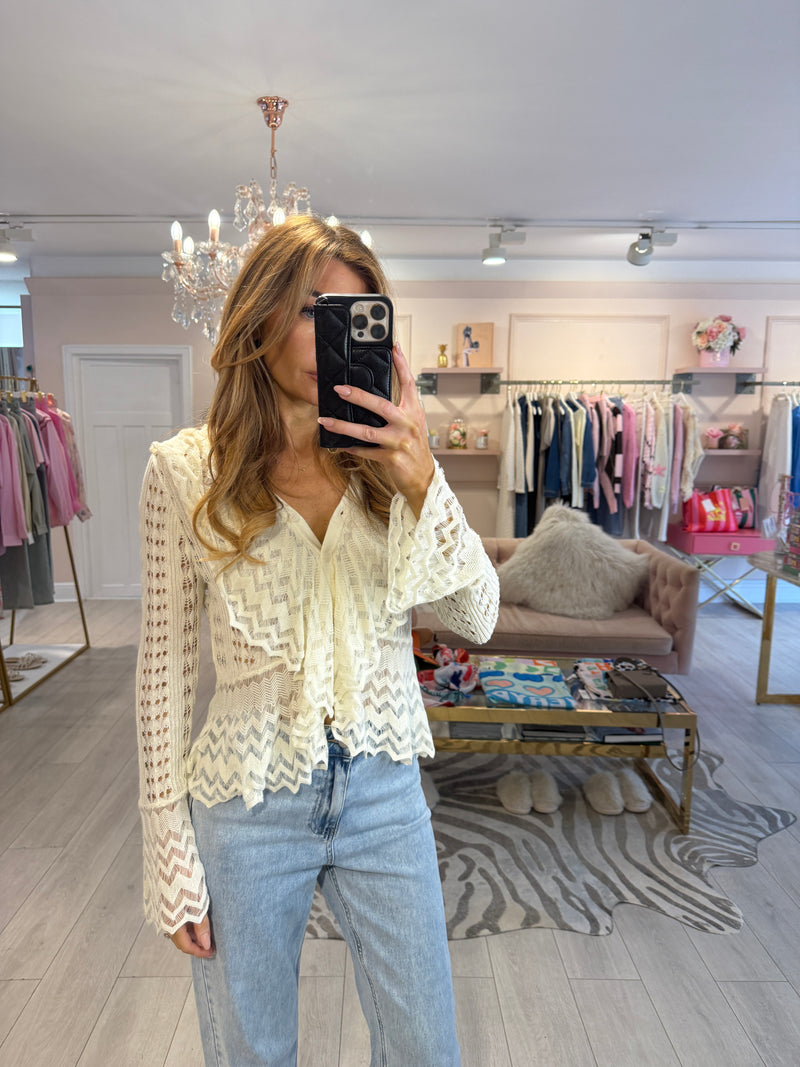 CHELSEA FINE KNIT FLUTED SLEEVE CARDIGAN CREAM – EBA.