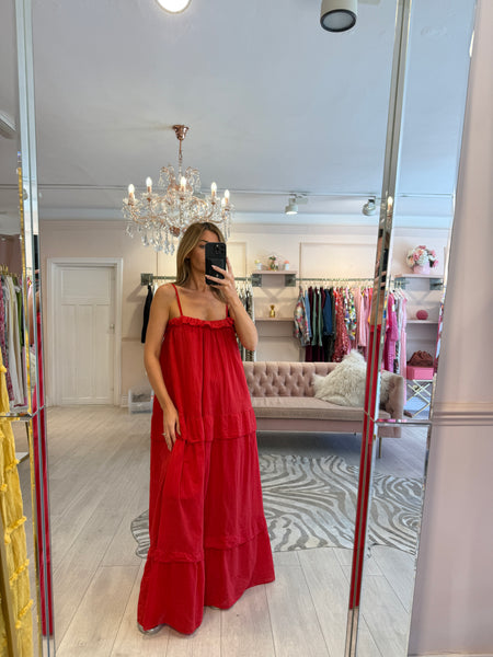 ADELINA TIERED CAMI MAXI DRESS RED – EBA.